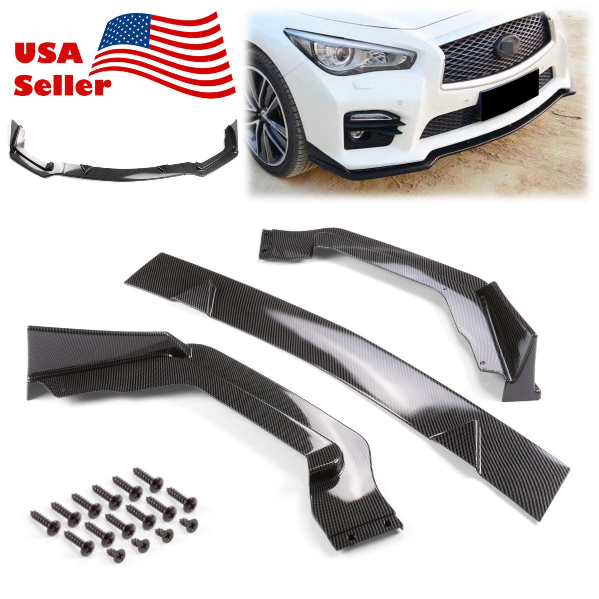 3pcs Front Bumper Lip for Infiniti Q50 Sport 2014-2017 PC-89630 (Carbo ...
